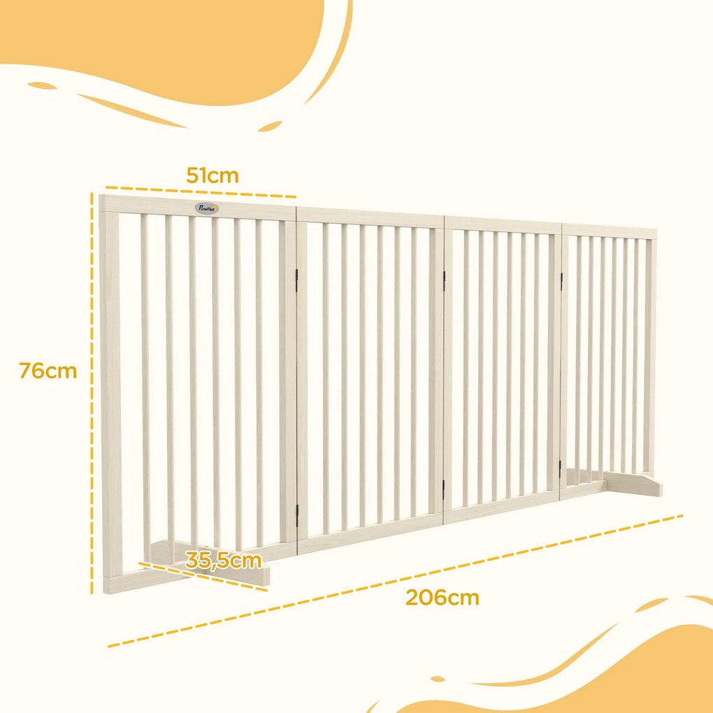 PawHut Bezpečnostní bariéra pro psy - modulární skládací pet plot 4 panely s podpěrnými nohami - 206 x 35,5 x 76 cm z přírodního dřeva