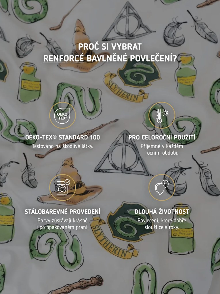 MK Lůžkoviny Bavlněné povlečení Renforcé - Zmijozel bílé 140 × 200 cm, 70 x 90 cm