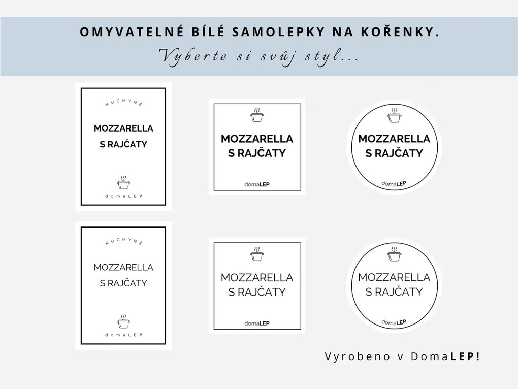 MOZZARELLA S RAJČATY - omyvatelná samolepka na kořenky, výběr rozměrů Ø 5 cm / 5 x 5 cm / 6 x 8 cm | DomaLEP tvar: ČTVEREC, barva: BÍLÁ - ČERNÉ písmo, velikost: š. 5 cm x v. 5 cm - základní písmo