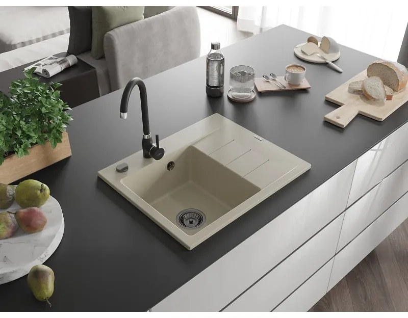 Mexen Ben, 1-komorový granitový dřez 600x500x190 mm, levý + černý sifon, béžová, 6522605000-69-B