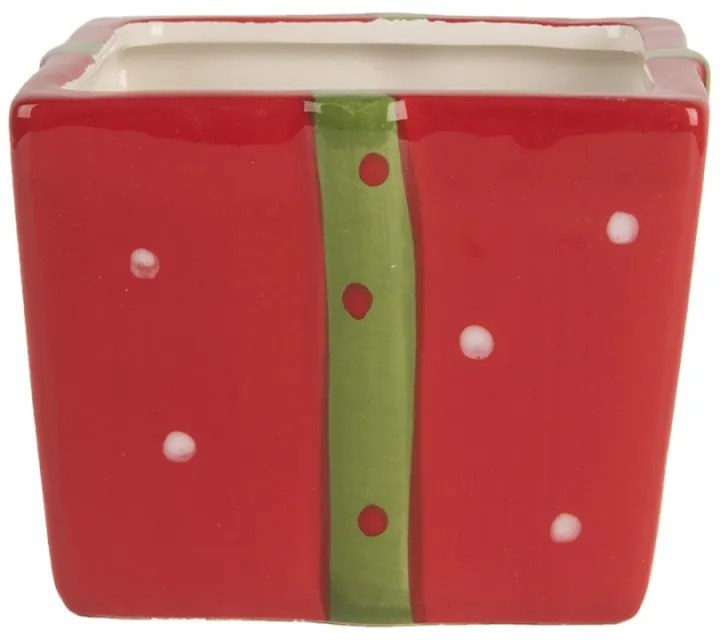 Červeno-zelená vánoční keramická dóza s víkem dárek / balíček – 9x9x11 cm