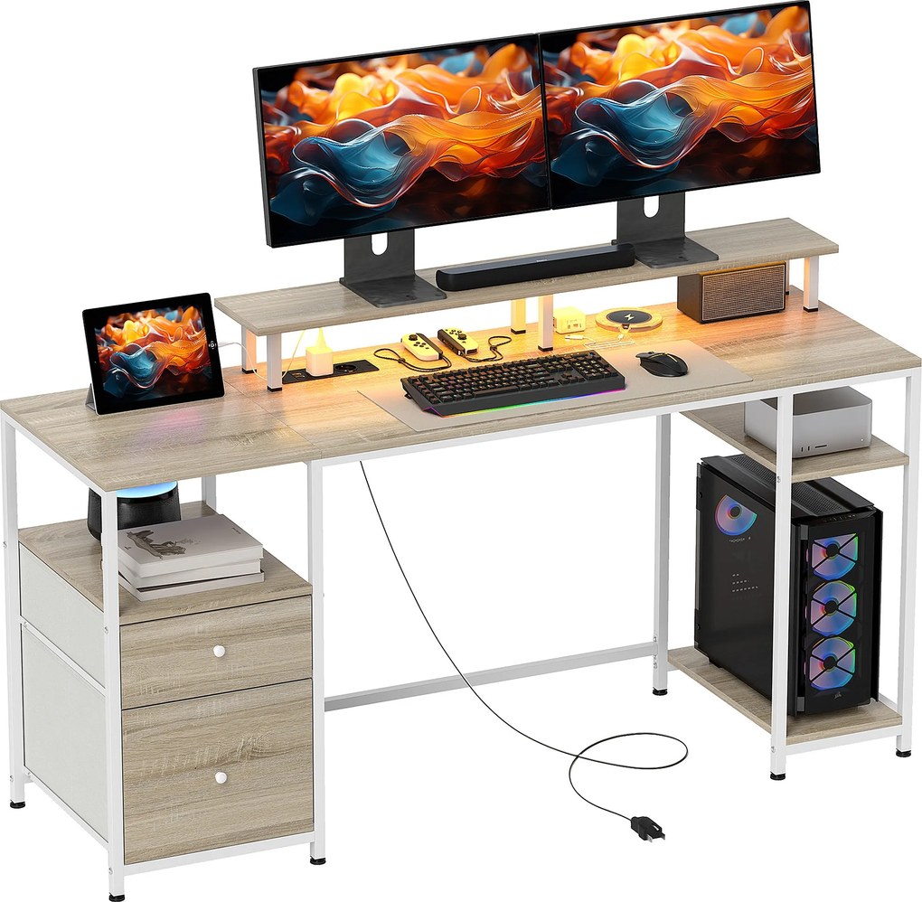 HOMCOM Psací stůl s LED osvětlením, poličkami, šuplíky, elektrickými zásuvkami a USB porty pro kancelář nebo studium 155,5x48x75,5 cm Přirozené | Aoso
