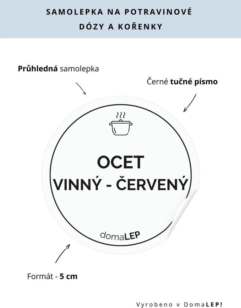 Samolepka na láhev OCET VINNÝ - ČERVENÝ – průhledná, 5 cm, tučné písmo
