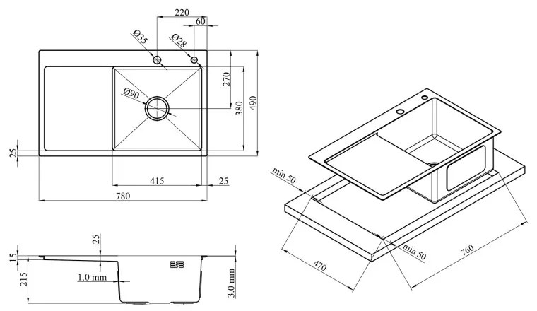 Velazo Dřez 1 komorový s odkapávačem, nerez - PRAVÝ, 78x49 cm, zlatý
