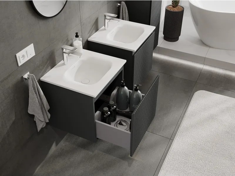 Mexen Rivel, koupelnová skříňka 50 cm s umyvadlem Vela, 1 zásuvka, drážkovaná, grafitová matná/bílá matná, 91A20-05047-1-BF66-W23M01