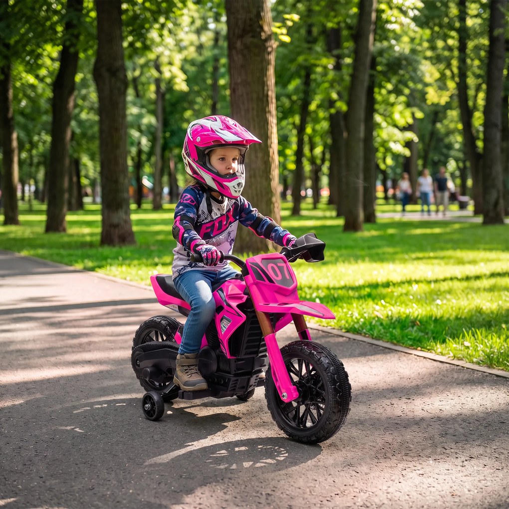 Elektrická motorka pro děti, 12V dětská motorka s tréninkovými koly, dětské vozidlo s klaksonem a zvukem startování, 3 km/h, růžová barva