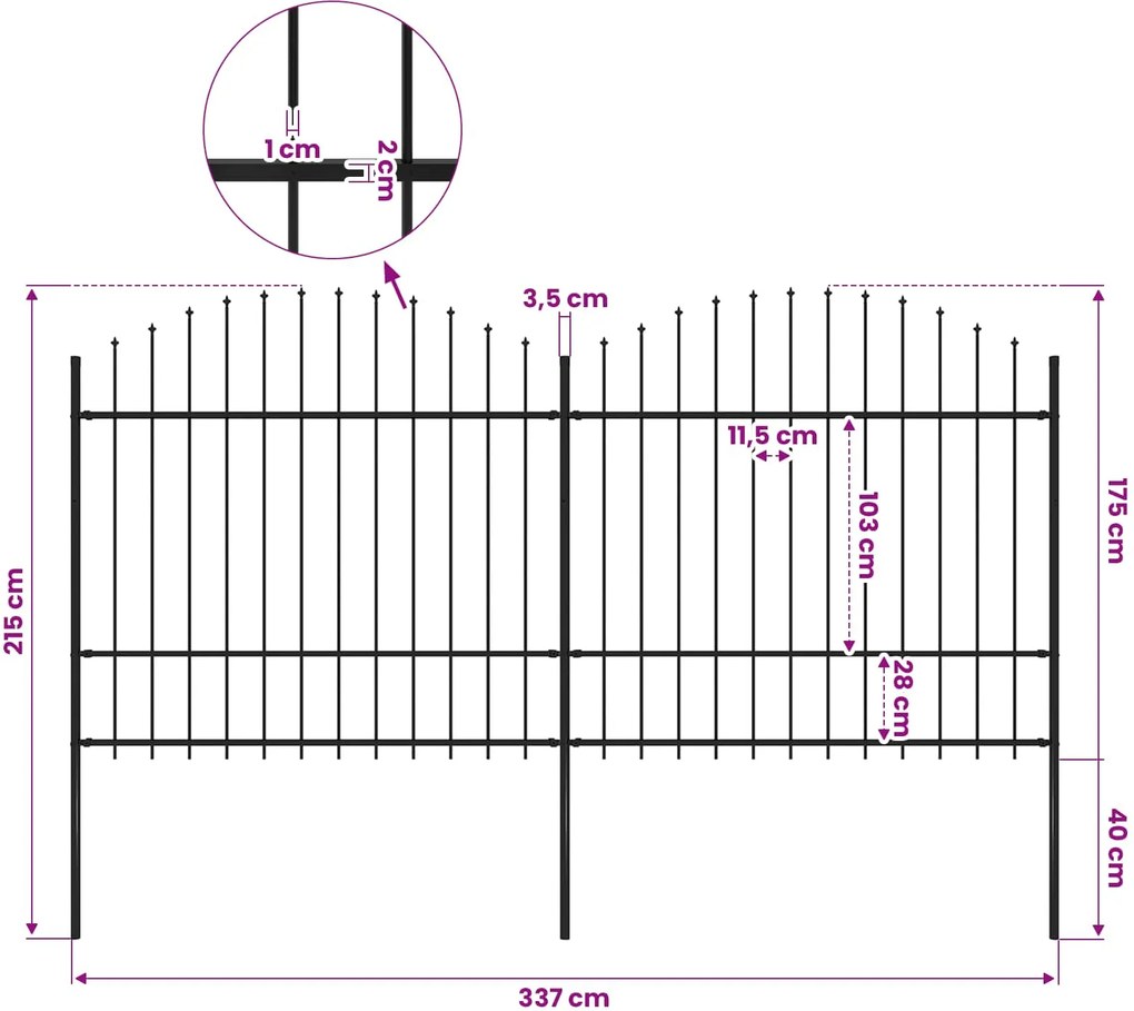 Zahradní plot s kopím nahoře ocelový 337 x 175 cm černý 277740