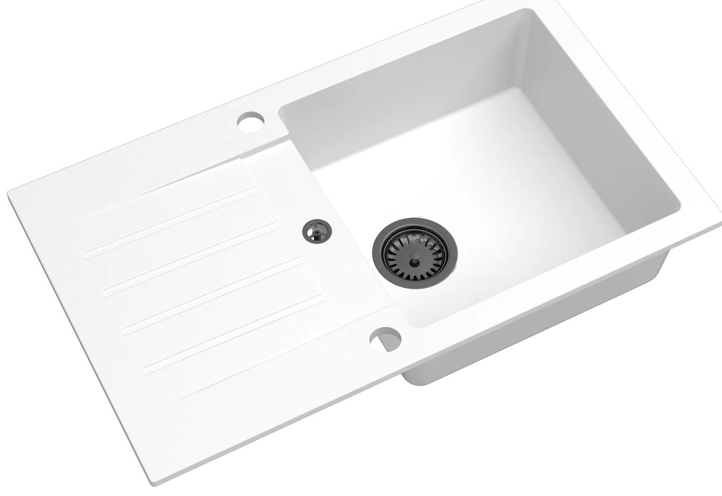 Sink Quality Natalie, kuchyňský granitový dřez 770x450x170 mm + černý sifon, bílá, SKQ-NAT.W.1KDO.XB
