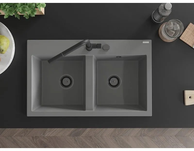 Mexen Hektor, 2-komorový granitový dřez 800x480x205 mm, šedá, grafitový sifon, 6521802000-71-B