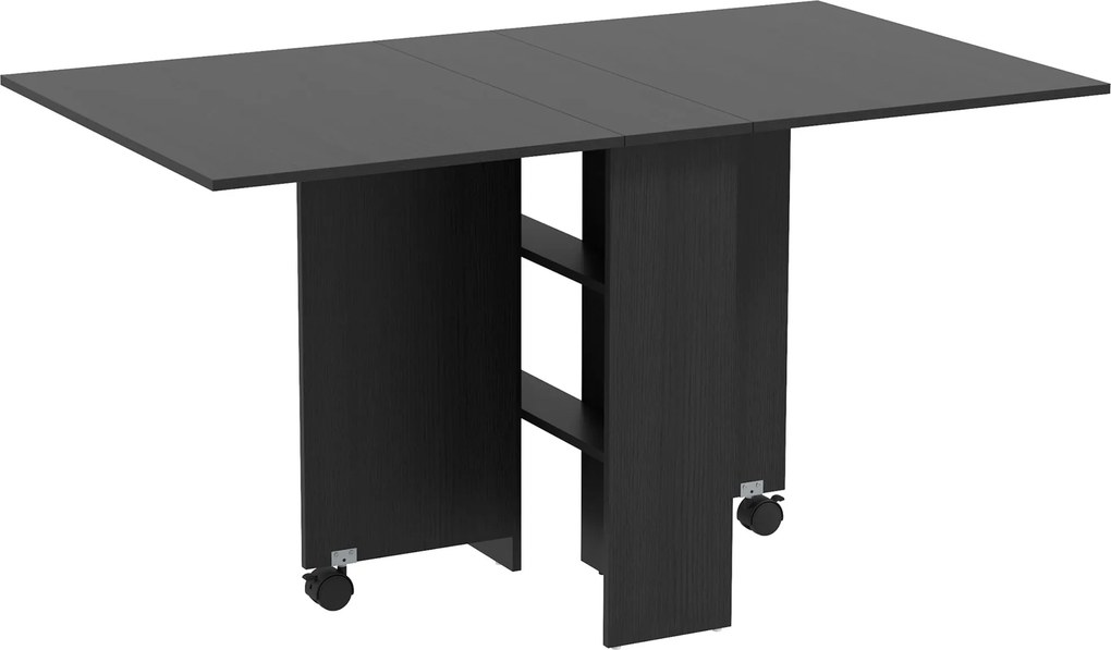 HOMCOM Skládací Stůl na Kolečkách, Moderní Jídelní Stůl, Úsporný Skládací, Moderní Design, s Kolečky, Úložné Poličky, 140 × 80 × 74 cm, Černý | Aosom