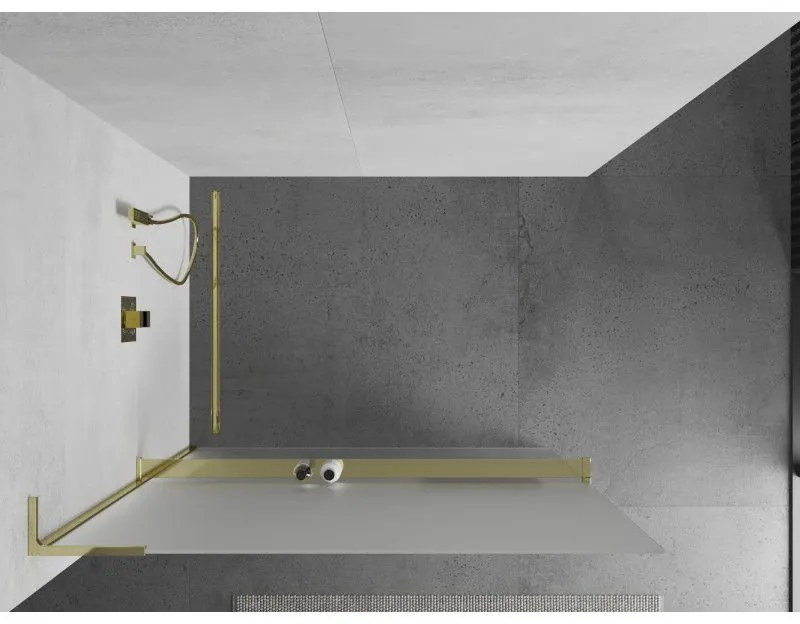 Mexen Kioto+ L, sprchová zástěna Walk-In s poličkou a věšákem 70 x 200 cm, 8mm sklo námraza, zlatý lesklý profil, 800-070-123-50-30