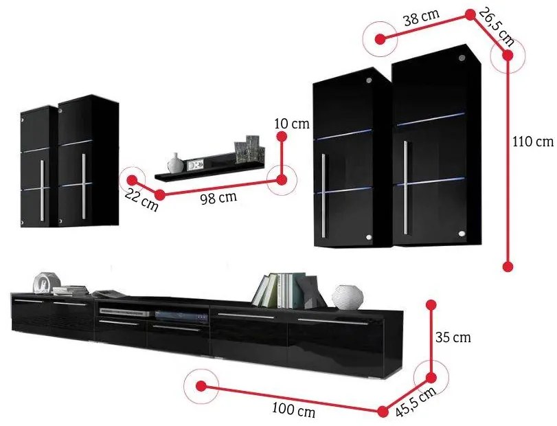Expedo Obývací stěna LOBO, horní skříňky: černé, spodní skříňky: černé