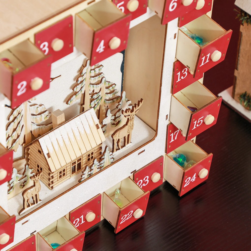 HOMCOM LED adventní kalendář s vesnickou scénou, 24 velkých zásuvek, MDF, 34 x 7 x 34 cm, červená