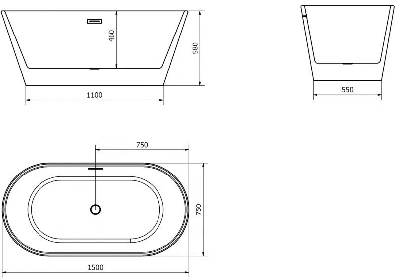 Mexen Flavia, volně stojící vana 150 x 75 cm, bílá-černá, měděný přepad, 54031507575-65