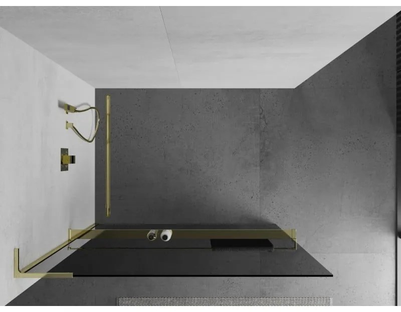 Mexen Kioto+ L, sprchová zástěna Walk-In s poličkou a věšákem 90 x 200 cm, 8mm šedé sklo, zlatý lesklý profil, 800-090-123-50-40