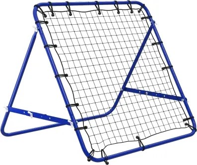 HOMCOM odrazová síť na fotbalový míč, kovový odrazník s nastavitelným úhlem, 20 elastických lan, 96x80x96 cm, modrý