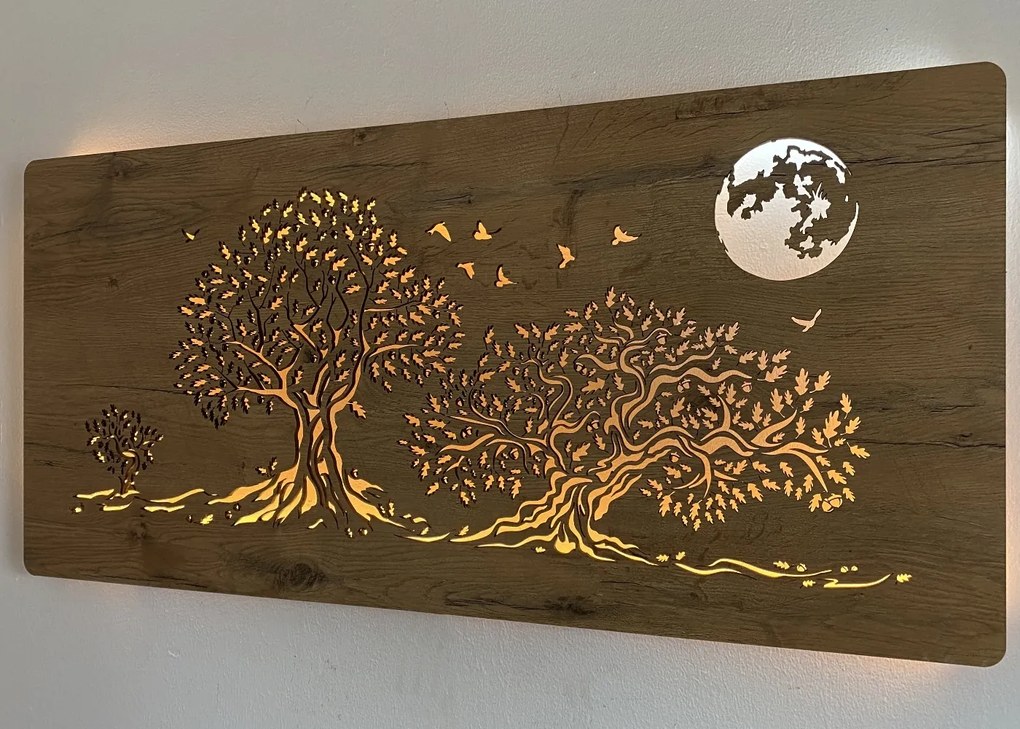 Li-Go "Tři duby a měsíc" světelný obraz s baterií 90x40cm varianta: ovládání na obraze včetně dálkového ovladače, provedení: bříza