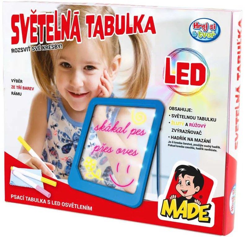 _Ostatní 1_ Tabulka světelná kreslicí set s fixy a hadříkem na baterie LED Světlo 3 barvy 06883