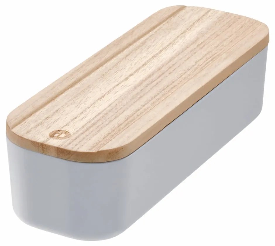 Šedý úložný box s víkem ze dřeva paulownia iDesign Eco, 9 x 27,5 cm