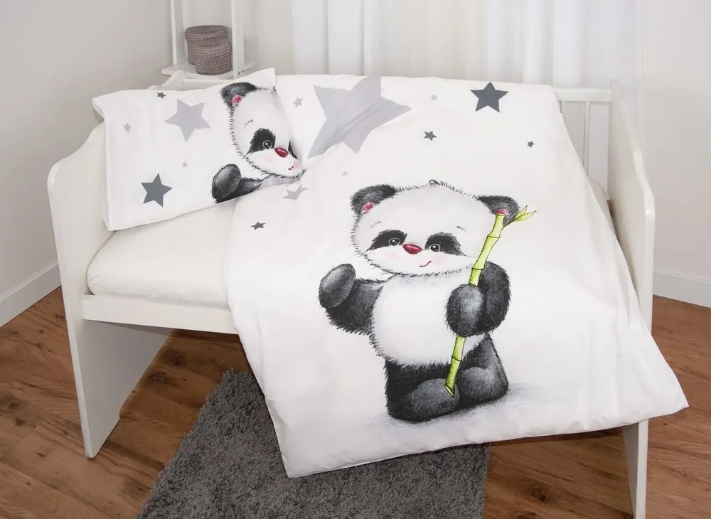 Flanelové povlečení pro miminka Panda hvězdičky 100x135/40x60cm