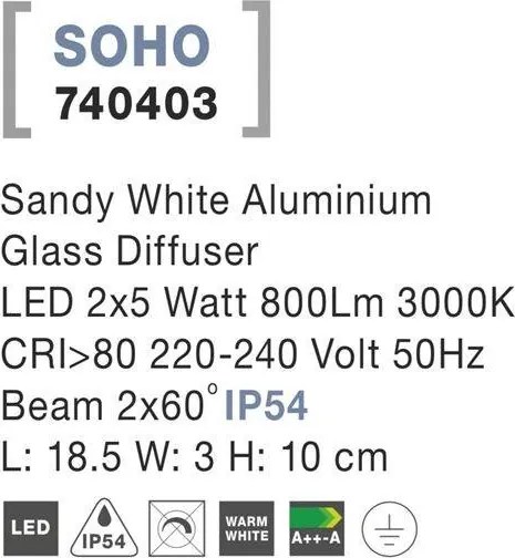 NV 740403 Venkovní nástěnné svítidlo SOHO bílý hliník skleněný difuzor LED 2x5W 3000K 220-240V 2x60st. IP54 světlo nahoru a dolů - NOVA LUCE