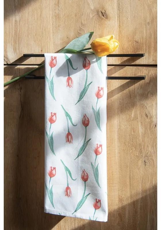 Bílá bavlněná kuchyňská utěrka s tulipány - 47*70 cm