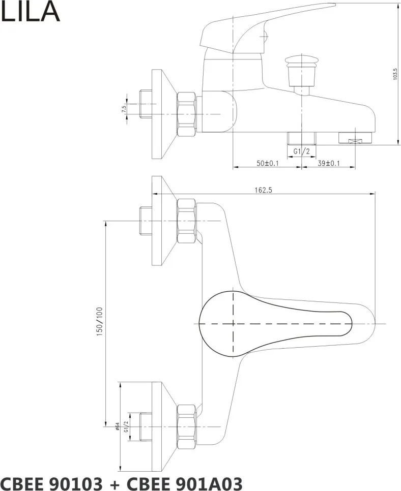 Mereo Mereo, Vanová nástěnná baterie, Lila, bez příslušenství, chrom, CBEE901A03