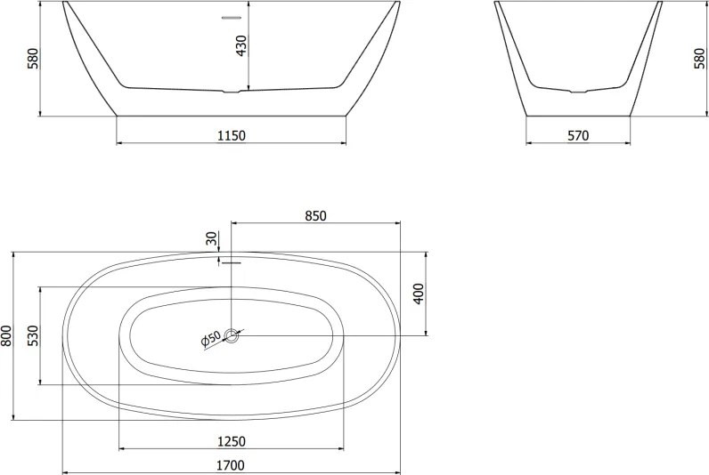 Mexen Eris, volně stojící vana 170 x 80 cm, černá, broušený grafit přepad, 53441708070-95