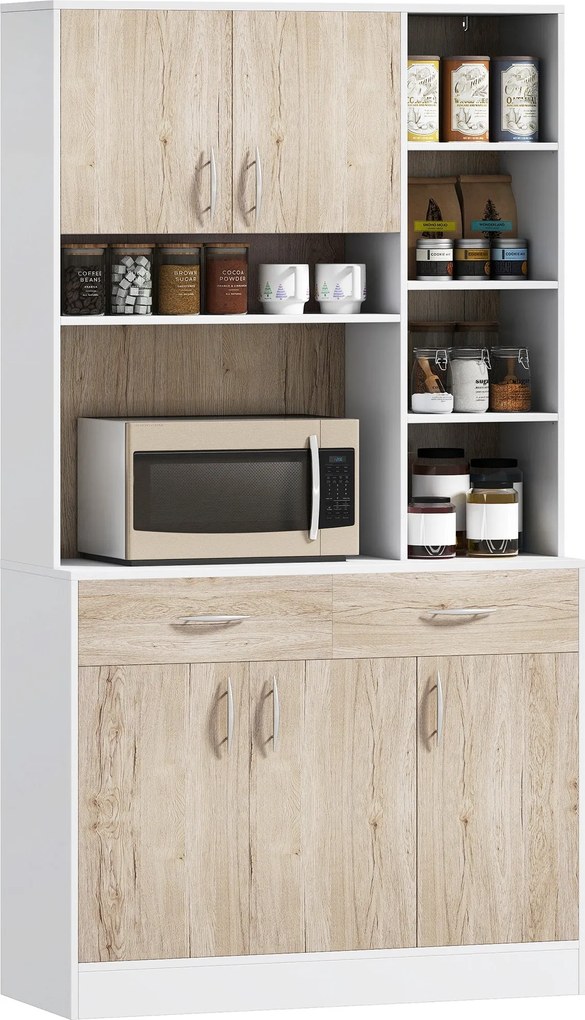 HOMCOM Kuchyňský bufet s dveřmi, zásuvkami a otevřenými přihrádkami, 100L x 39W x 181,5H cm Bílý a Dřevěný | Aosom
