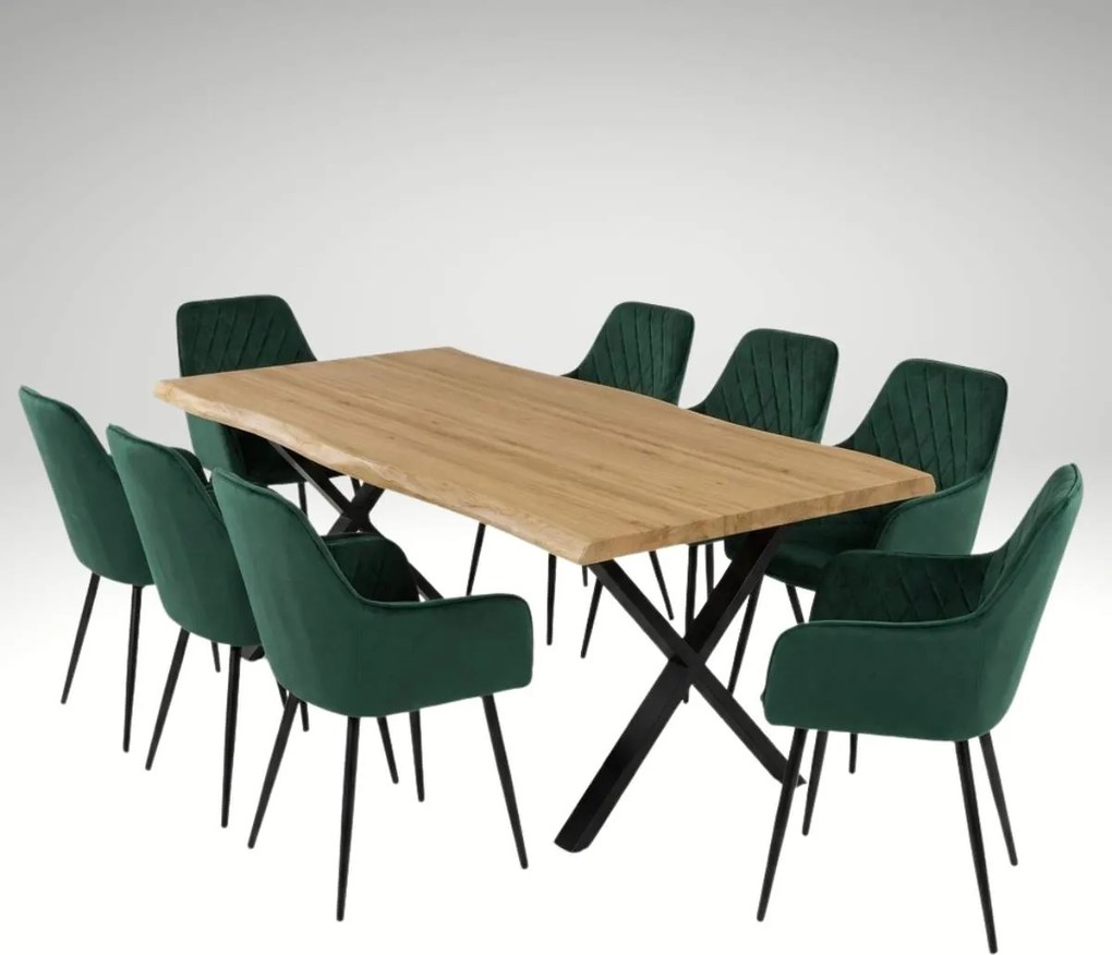 Vikio Jídelní set pro 8 osob 180x90 cm soft dub noha X zelená židle s područkami VJS228-8Z