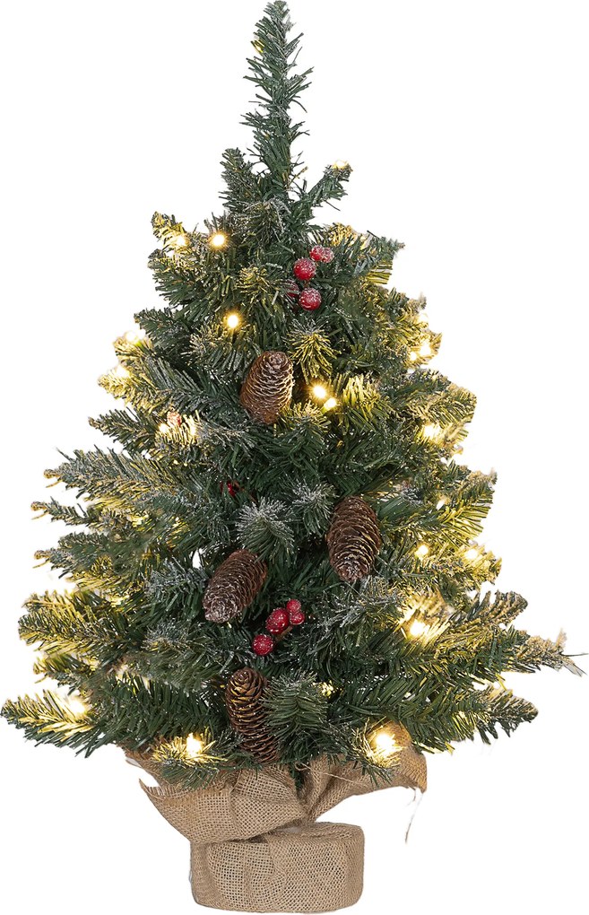 HOMCOM Vánoční stromeček s LED osvětlením, 60 cm, šišky a červené bobule, včetně stojanu, zelená/bílá