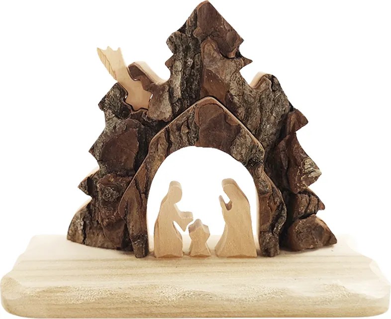 AMADEA Dřevěný betlém s kůrou, masivní dřevo, 13x10x3 cm