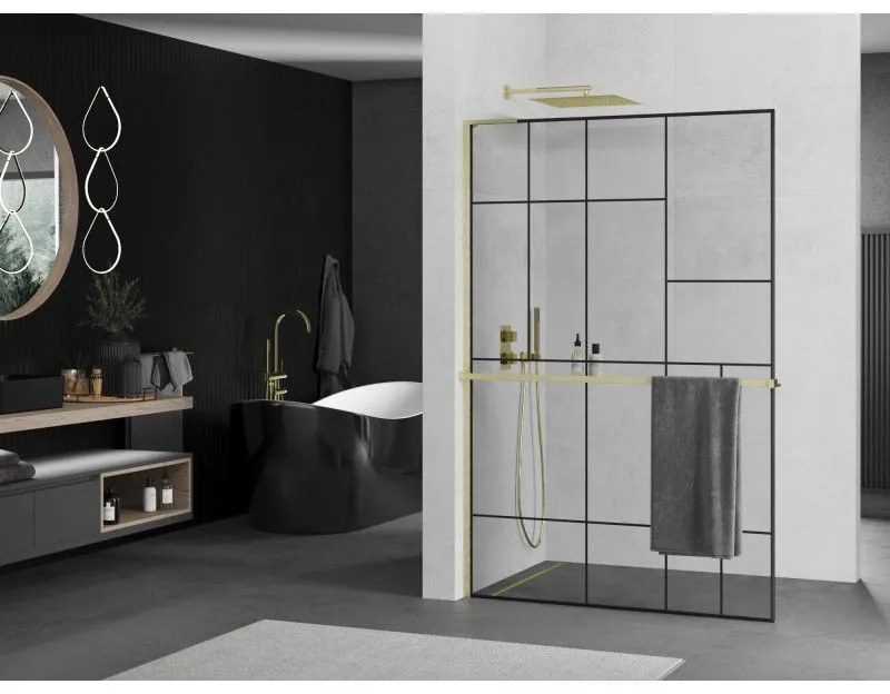 Mexen Kioto+ L, sprchová zástěna Walk-In s poličkou a věšákem 120 x 200 cm, 8mm čiré sklo černý vzor, zlatý matný profil, 800-120-123-55-78