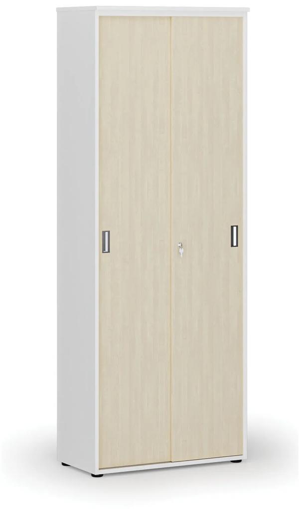 Kancelářská skříň se zasouvacími dveřmi PRIMO WHITE, 2128 x 800 x 420 mm, bílá/bříza