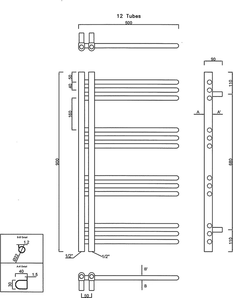 Sapho DORLION otopné těleso 500 x 900 mm černá mat 1130-20
