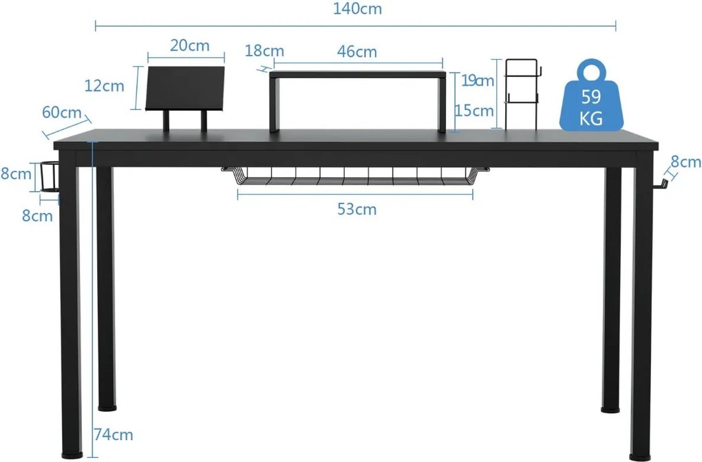 Costway Psací stůl 140 cm s policí na monitor, s držákem na nápoje, háček