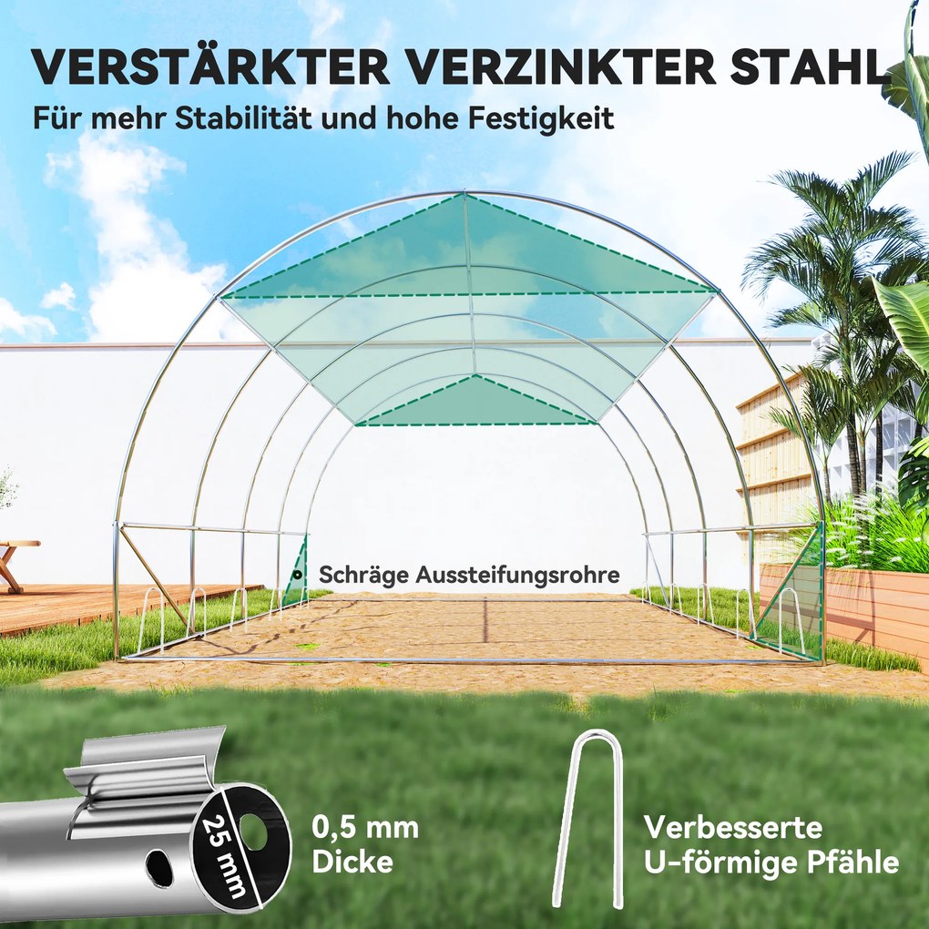 polytunelový skleník 4 x 3 x 2 m s ochrannou sítí proti slunci, rolovací boční stěny, plastový kryt, ocelový rám, zelený