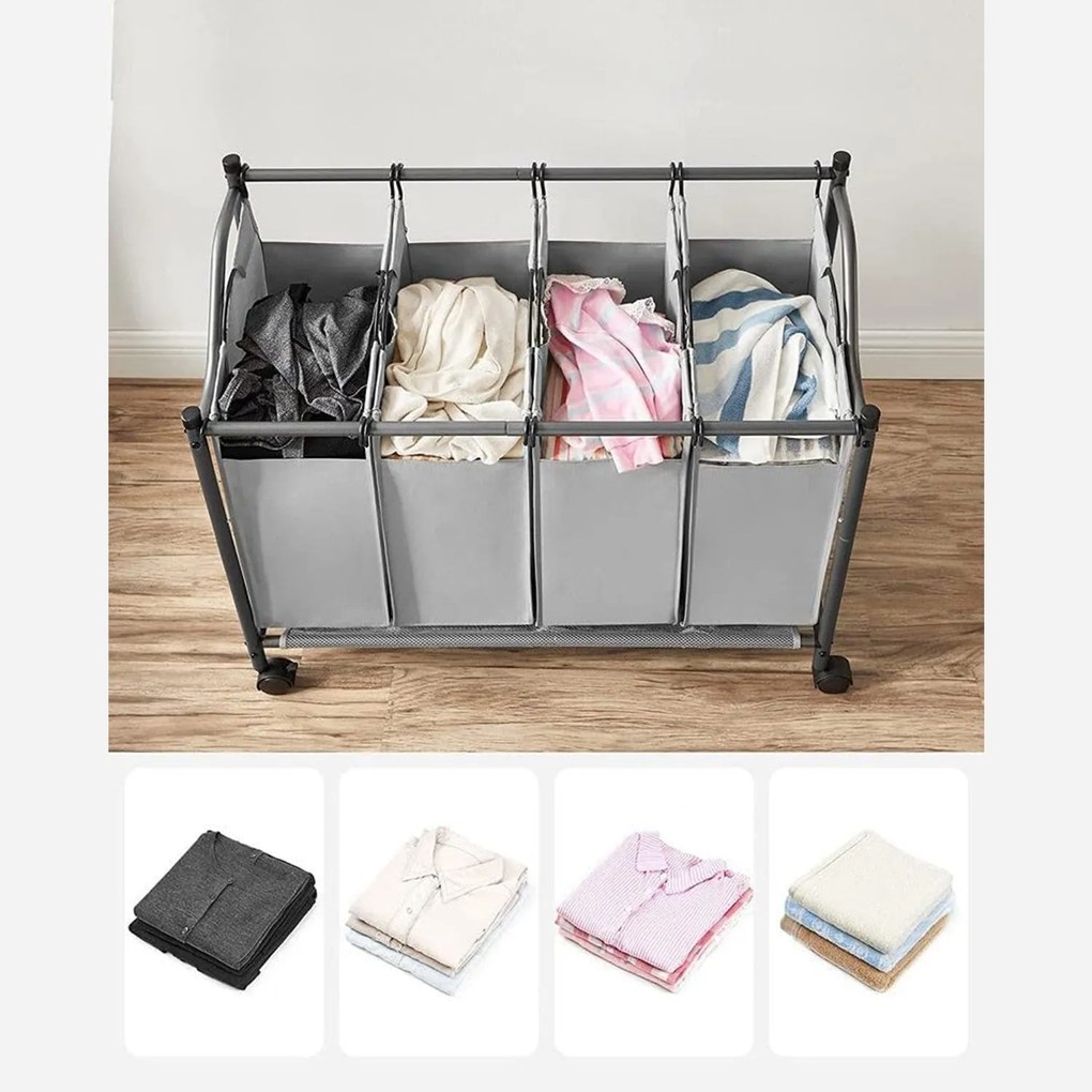 Prádelní koš na kolečkách 4 x 35l, se 4 vyjímatelnými taškami, šedá