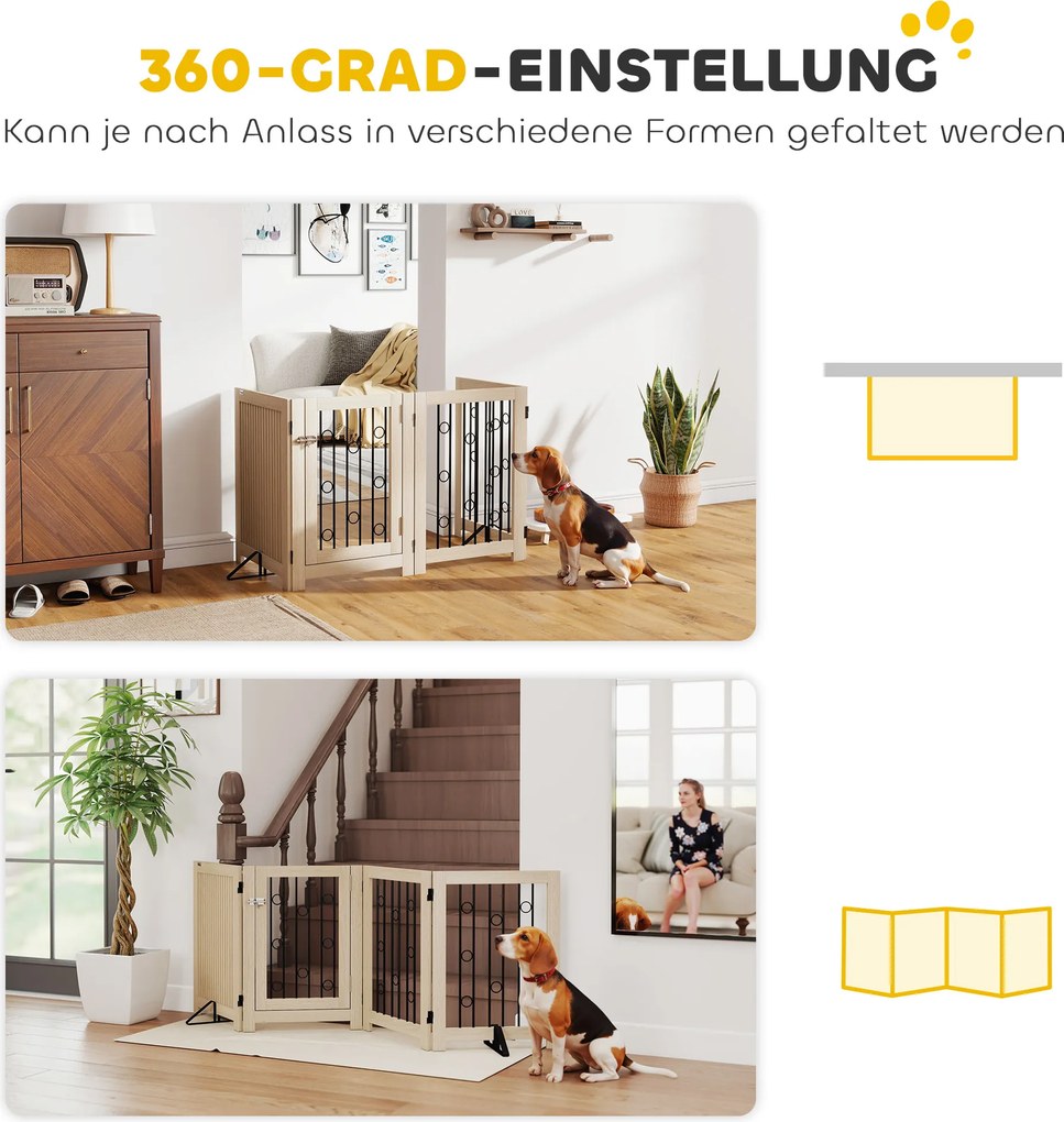Volně stojící branka pro domácí mazlíčky, branka pro psy s dvířky, 4 panely, pro chodbu, schodiště, zárubeň, MDF, ocel