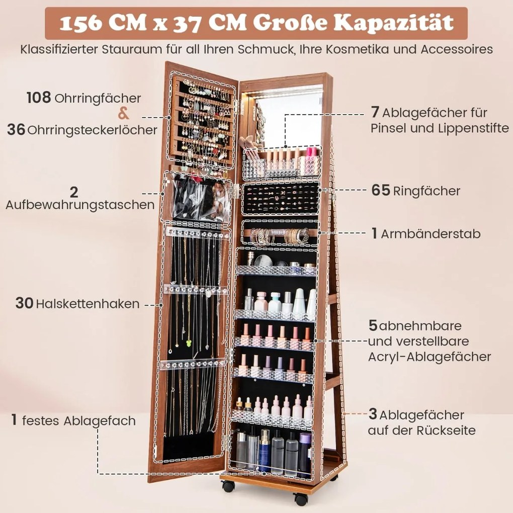 Costway Uzamykatelná šperkovnice s integrovaným kosmetickým zrcátkem