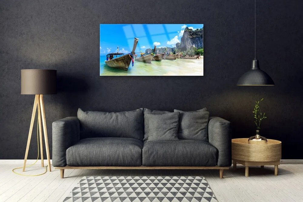 akrylový obraz Loďka Moře Pláž Krajina 100x50 cm