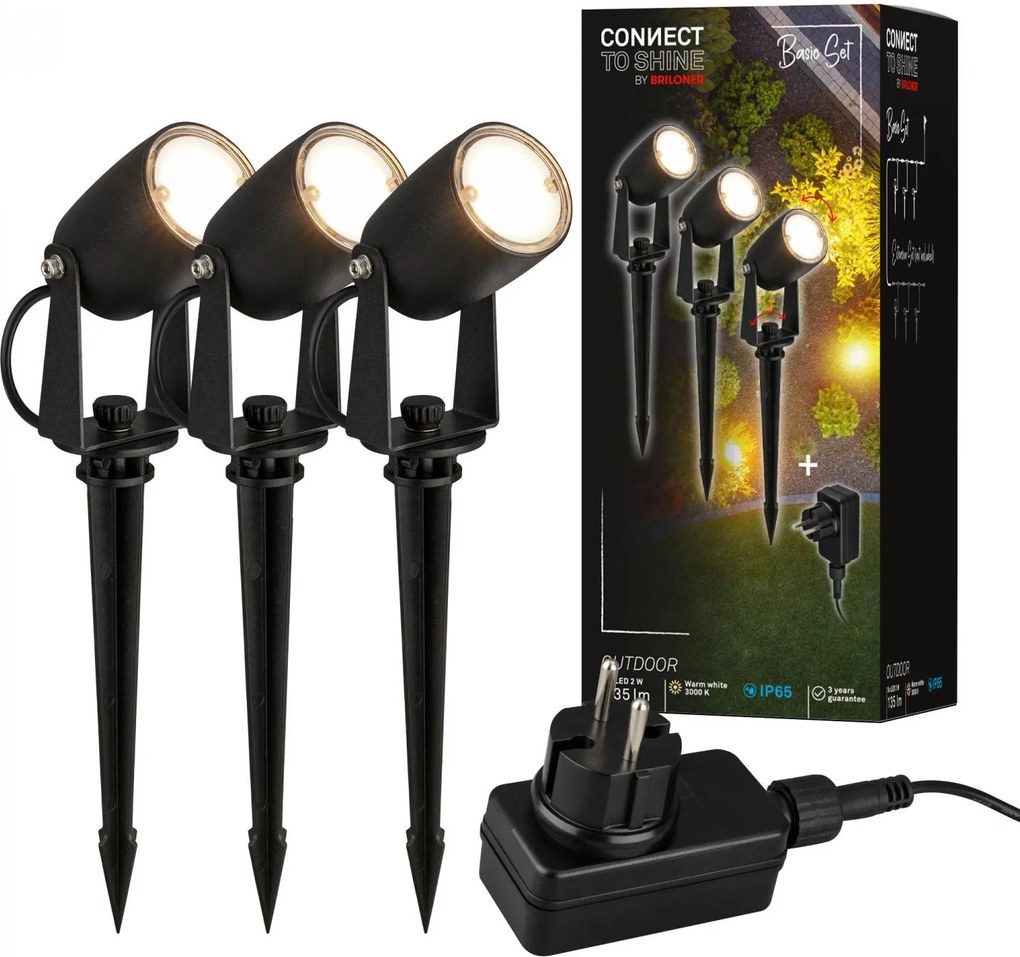 BRI 3927035 CONNECT TO SHINE startovací sada 12V zahradní osvětlení - trafo, 3x LED bodové svítidlo se zápichem, nastavitelné, IP65, černá - BRILONER