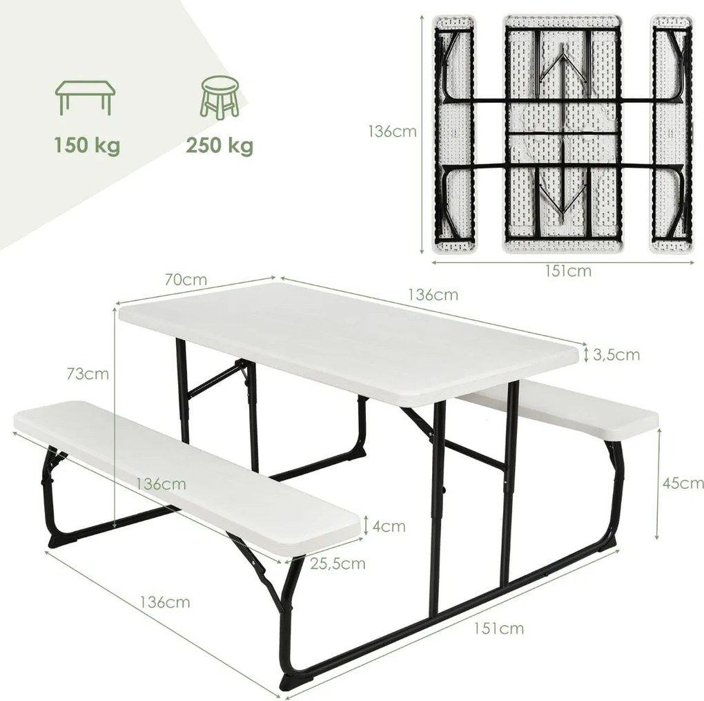 Costway Camping Table Set Skládací piknikový stůl s lavicemi, bílý