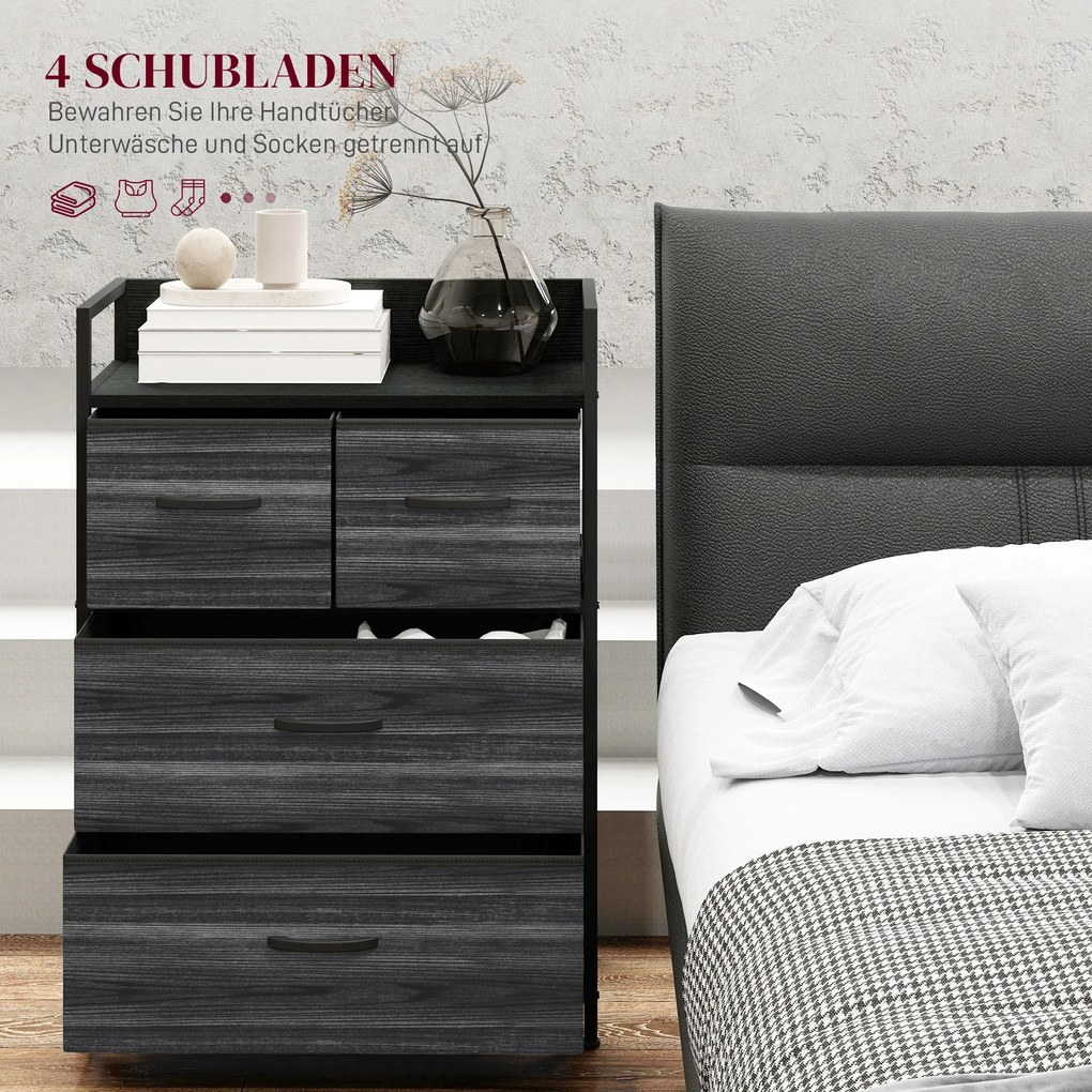 HOMCOM komoda, sideboard, 4 látkové zásuvky, průmyslový design, 60x29x85 cm, černá
