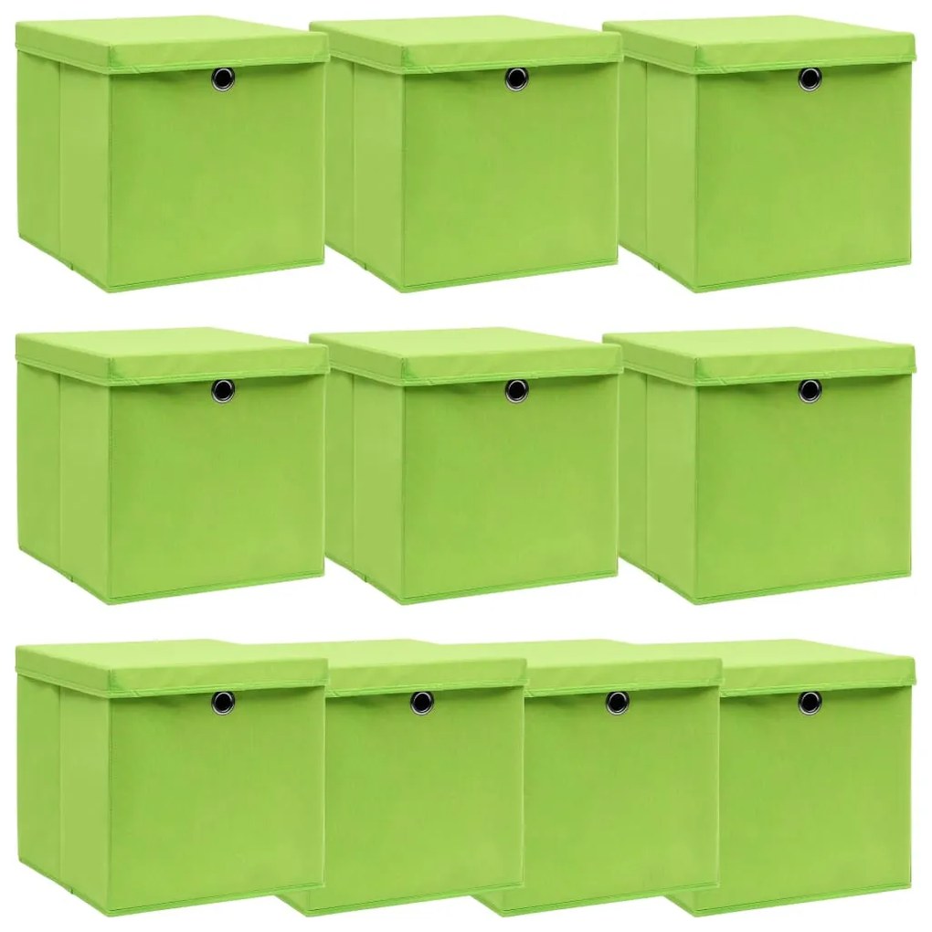 Úložné boxy s víky 10 ks zelené 32 x 32 x 32 cm textil 288372