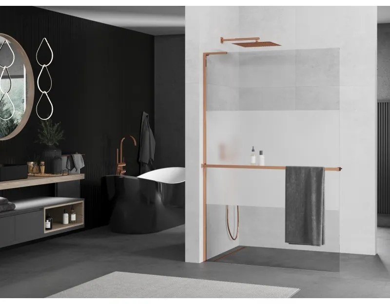 Mexen Kioto+ L, sprchová zástěna Walk-In s poličkou a ramínkem 100 x 200 cm, 8mm čiré sklo-námraza, růžové zlato profil, 800-100-123-60-35