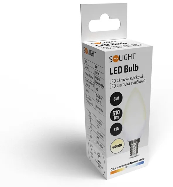 SOLIGHT LED žárovka svíčka matná C37 6W, E14, 4000K, 510lm