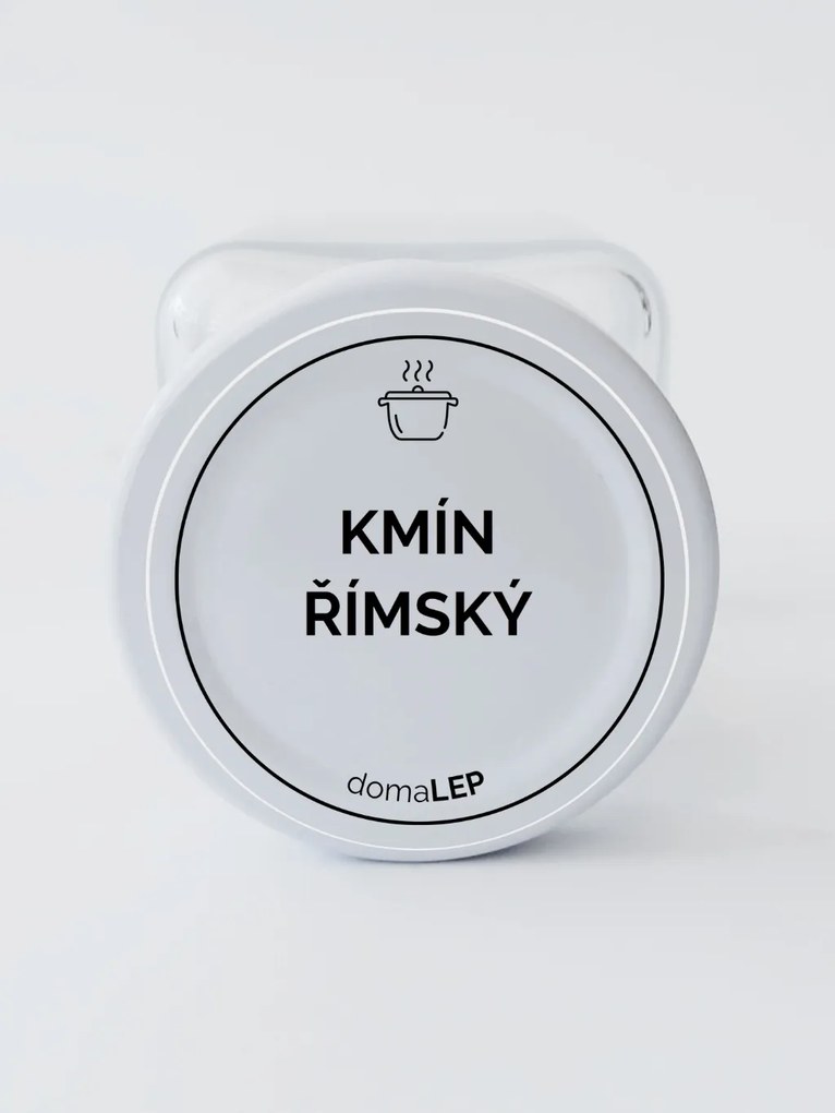 Samolepka na kořenky KMÍN ŘÍMSKÝ průhledná 5 cm tučné písmo