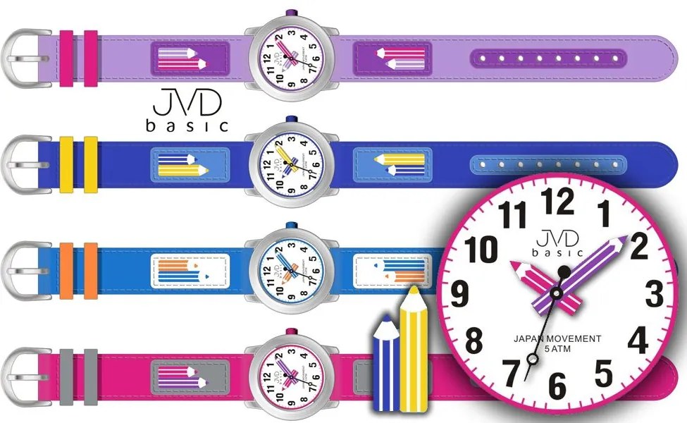 Dětské "pastelkové" čitelné hodinky JVD basic J7109.1 s barevnými pastelkami