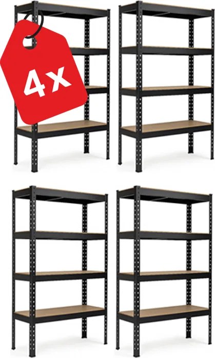 Regál 180x160x50 cm profesionální 4-policový, nosnost 1600 kg - černý - 4ks